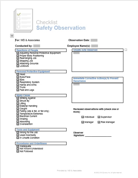 Safety Observation Checklist
