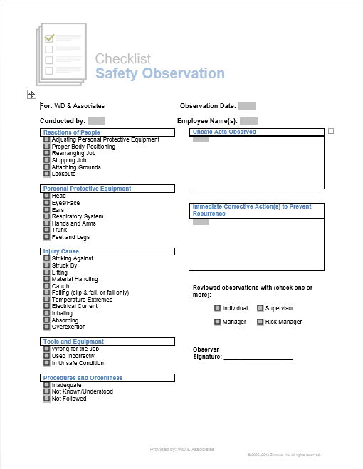 Safety Observation Checklist